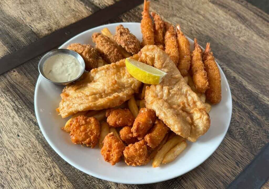 Hot Seafood Platter containing Fish Fillet, Fried Prawns, Calamari, and ...